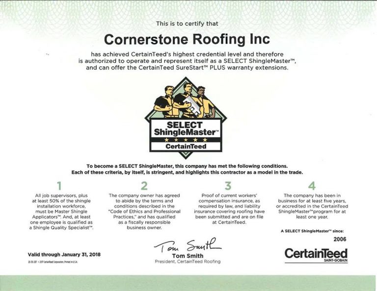 2017 CertainTeed SELECT ShingleMaster certificate - Cornerstone Roofing, Inc.