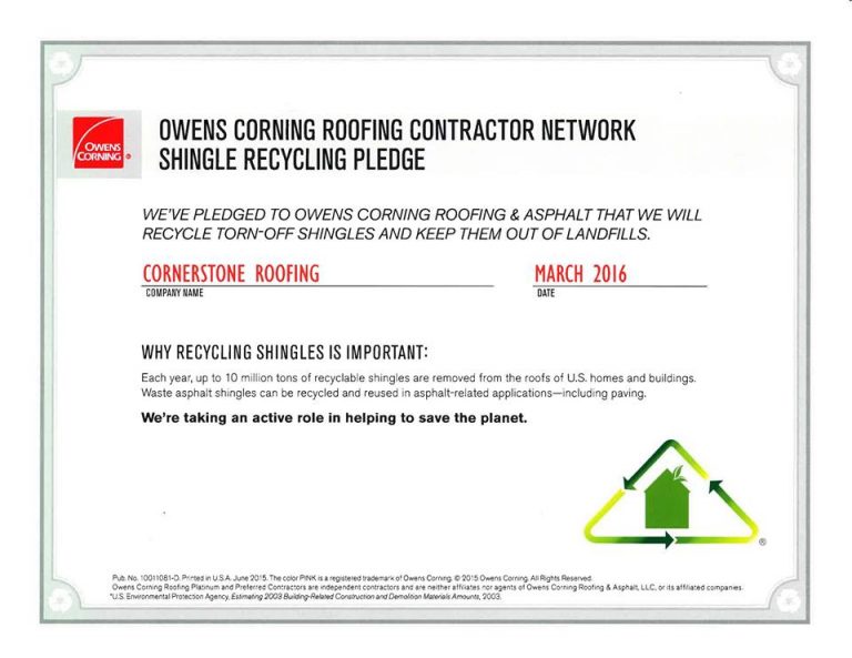 Owens Corning Shingle Recycling Pledge - Cornerstone Roofing, Inc.
